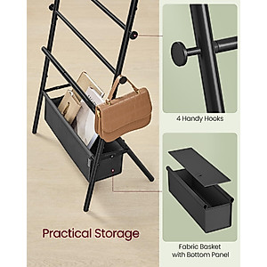 VASAGLE Freestanding Towel Rack, Foldable Blanket Holder, Towel Holder with 4 Hooks, Fabric Basket, 39 Inches High, for Bedroom, Living Room, Bathroom, Ink Black and Slate Gray ULLS020B01