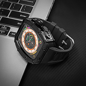 Luxury Case for Apple Watch FKM Band 49mm, Rugged Bumper Metal Cover + Built-in Glass + Fluoroelastomer Strap for Men's Heavy Duty iWatch Series Ultra 2 49mm Protective Case (49mm, Black)