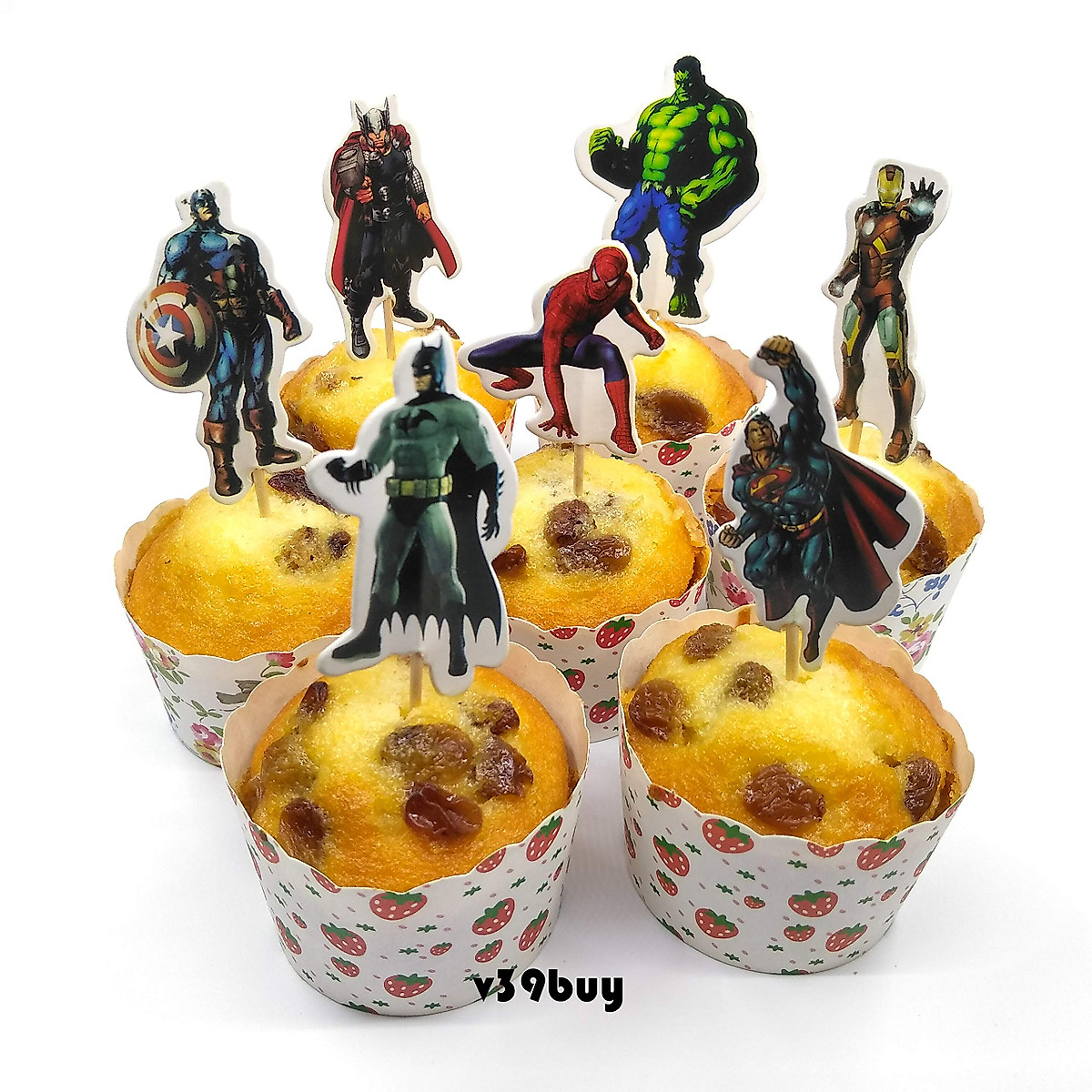 v39buy 28pcs Superhero Cupcake Toppers - Cake Toppers For Children Birthday Party Decoration Supplies - 7 Designs Made Of Cardboard And Toothpick
