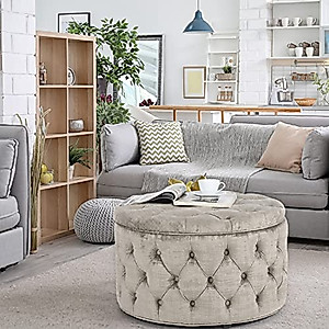 Joveco Round Storage Ottoman, Button Tufted Upholstered Ottoman with Removable Top, Storage Bench Coffee Table Footrest Stool for Living Room Bedroom Entryway (Beige)
