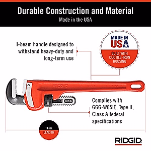 RIDGID 31020 Model 14 Heavy-Duty Straight Pipe Wrench, 14-inch Plumbing Wrench, Red