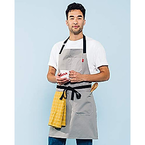 Caldo Daily Cotton Kitchen Apron for Cooking- Mens and Womens Professional Chef or Server Bib Apron - Adjustable Straps with Pockets and Towel Loop (Grey)