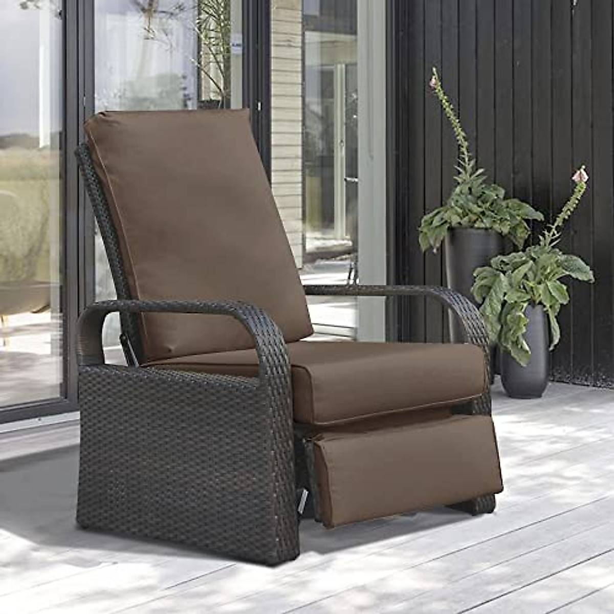 BABYLON Outdoor Wicker Recliner, Patio Recliner Adjustable Chair with 5.11" Cushions and Ottoman, UV/Rust/Weather Resistant/Aluminum Frame/Hand Woven, Brown Color
