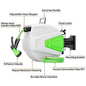 BIGTUR Retractable Garden Hose Reel, 3/5''x 65' Wall Mounted Retractable Garden Hose-Reel with Automatic Rewind/Slow Return System/180°Swivel Bracket