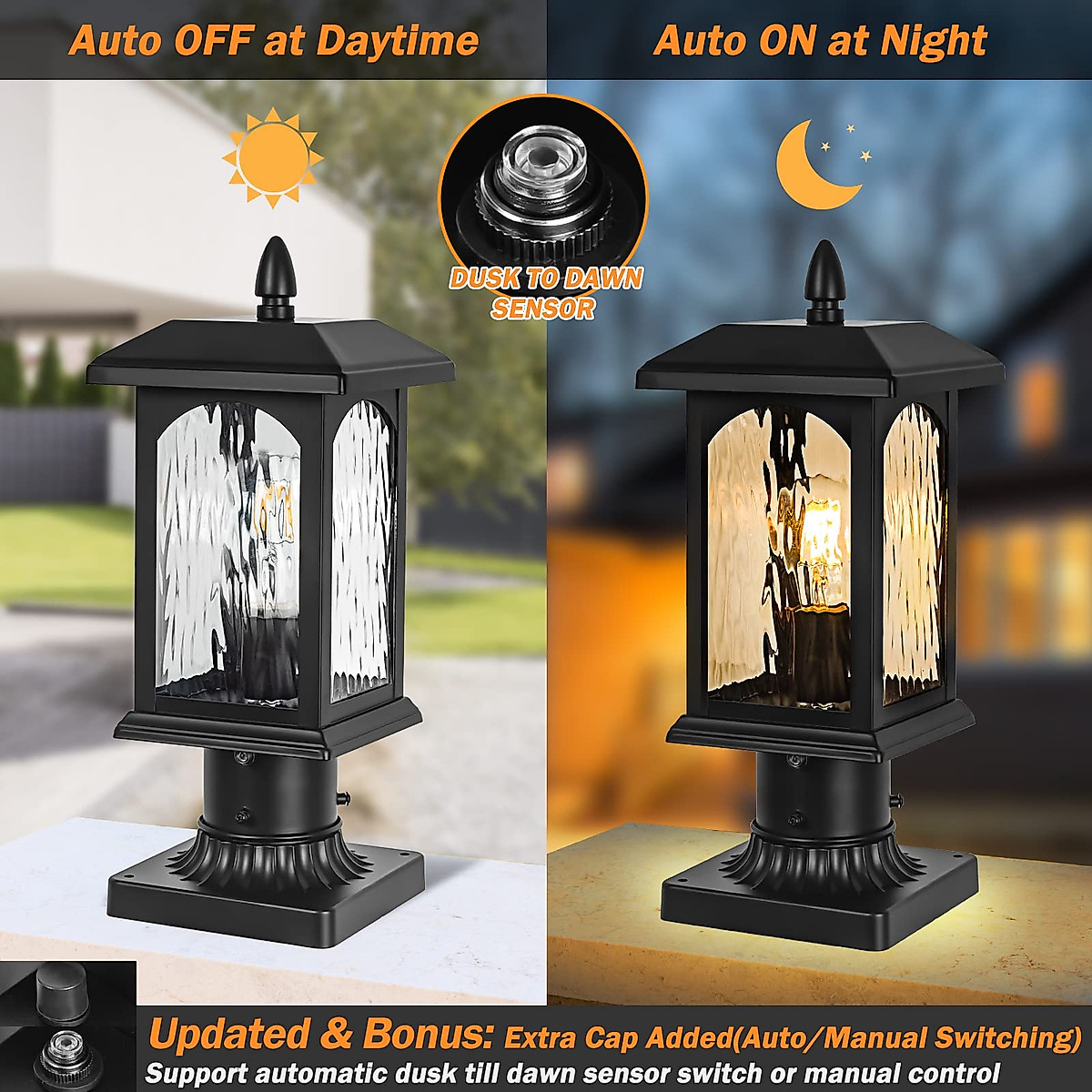 Dusk to Dawn Outdoor Post Light Fixture with Pier Mount Base - Waterproof Pole Outdoor Lighting, Modern Black Pillar Lantern Outside with Tempered Rippled Glass for Pathway, Garden, Patio, Anti-Rust