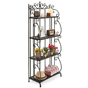 MyGift Black Metal Freestanding Shelf Rack, Decorative Bakers Rack Bookshelf Storage Shelf Unit with Metal Scrollwork Frame, Indoor Plant Pot Display Stand with 4 Wood Shelves