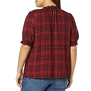 Amazon Essentials Women's Fluid Twill Short Puff Sleeve Smock Detail Shirt, Red/Black, Medium Plaid, XX-Large