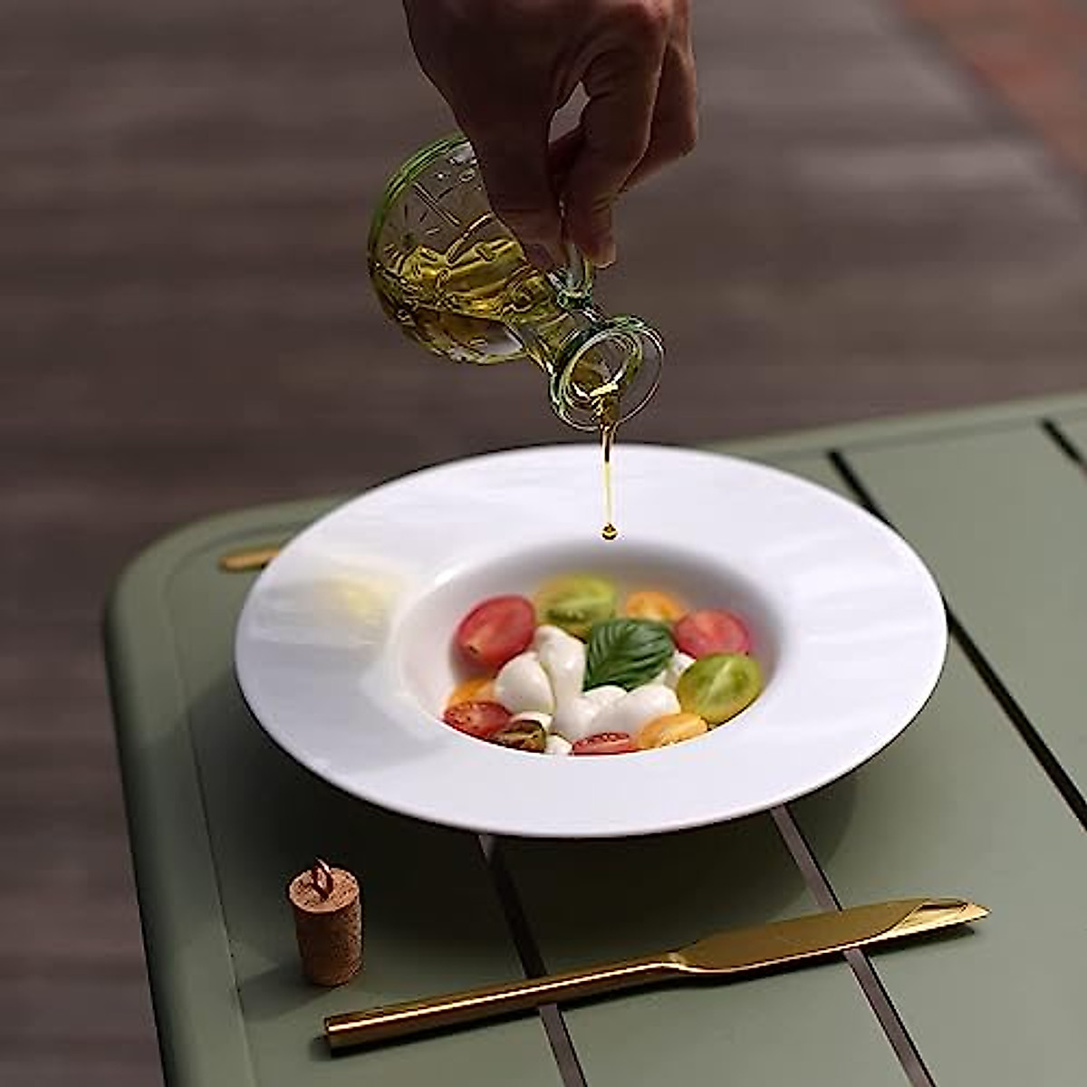 Bormioli Rocco Set Of 2 Country Home Olivia Oil Bottle, 7-ounce Cruet With All Natural Cork Lid, Blue-green Tinted Star Glass, Elegant And Floral Design, Made In Italy.