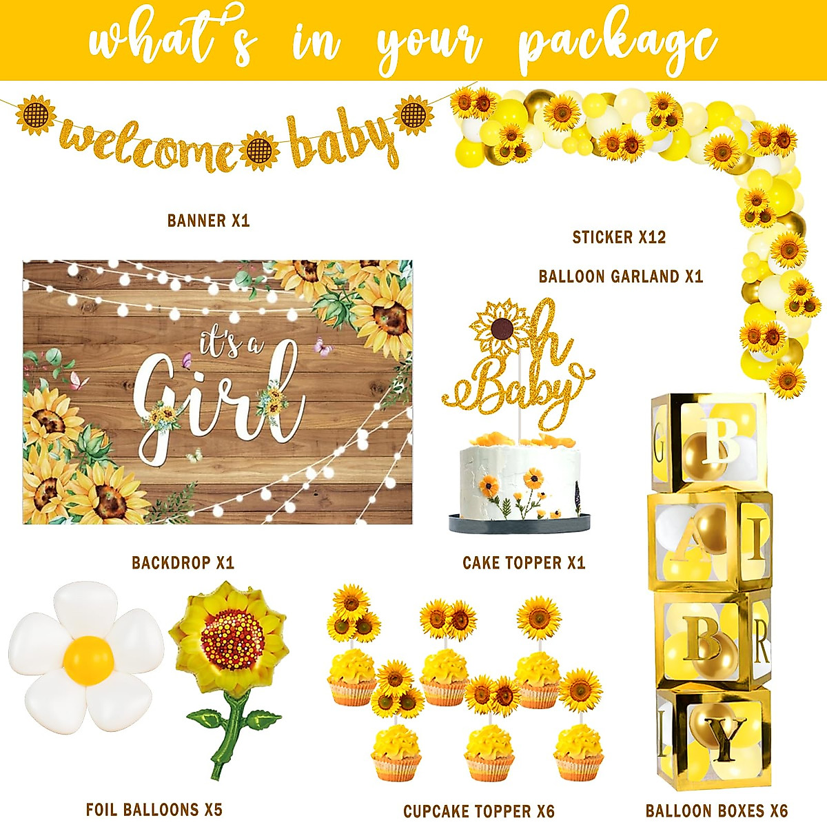 Hombae Sunflower Baby Shower Decorations, Baby Shower Decorations, Sunflower Themed Balloon It’s a Girl Backdrop Welcome Baby Glitter Banner Box Cutouts Cake Topper Daisy Sunflower Gold Yellow