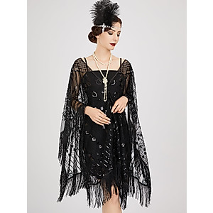 SWEETV Women's 1920s Shawl Wraps,Sequin Fringe Flapper Evening Shawls for women Formal/Party/Wedding/Formal/Harlem night,1920s Accessories for Women,Black 2