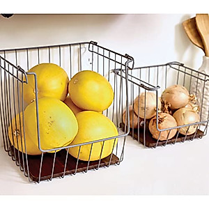 The Ría Safford Collection by iDesign Open Front Wire Basket with Acacia Wood, 12" x 12" x 12", Charcoal