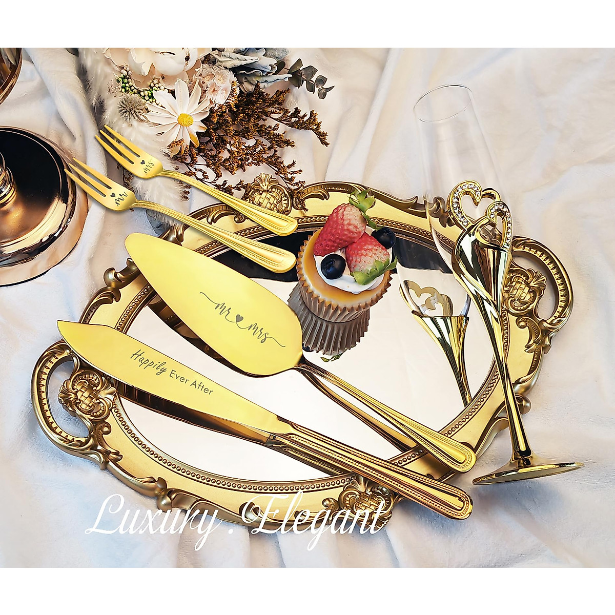 Parihy Gold Wedding Cake Knife and Server Set, Wedding Champagne Flutes, Wedding Engagement Gifts Toasting Glasses for Couple Bride and Groom, Cake Cutting Set of 4 for Wedding