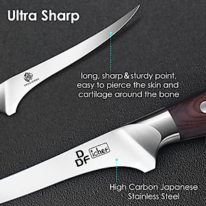 DDF iohEF Fillet Knife 7 Inch Professional Boning Knife High Carbon Japanese Stainless Steel Fish Knife with Full Tang Ergonomic Handle for Meat Cutting Trimming