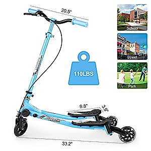 3 Wheels Swing Scooters Foldable Wiggle Drifting, 4-Level Adjustable Height Speeder Scooter for Boys (LED Blue)