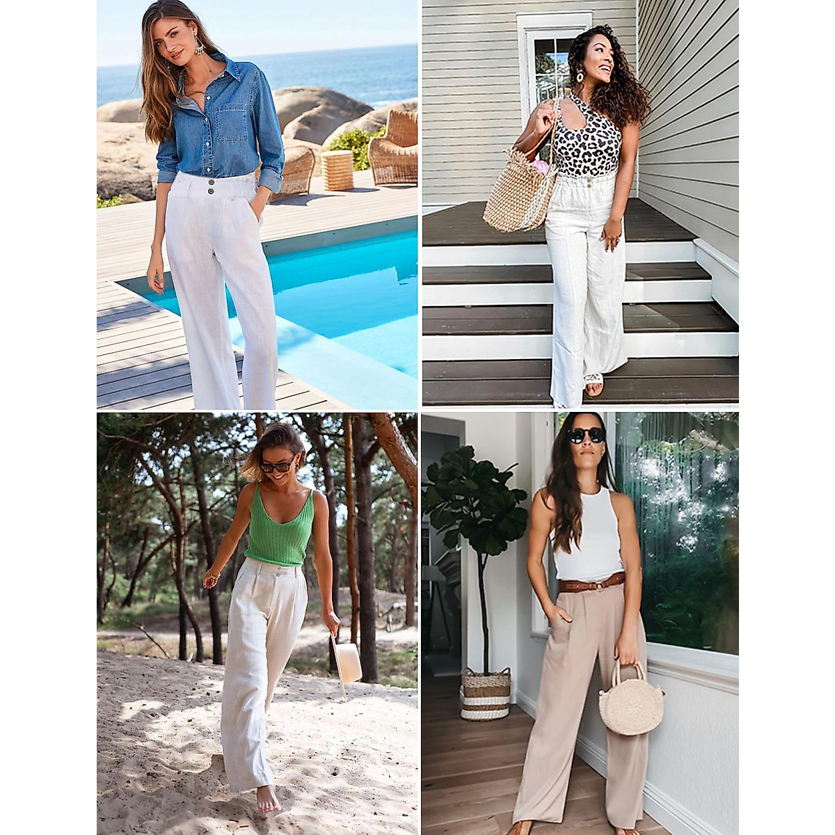 Yoetaun Linen Pants for Women High Waisted Palazzo Flowy Wide Leg Long Lounge Pant Beach Casual Comfy Trousers Khaki XL