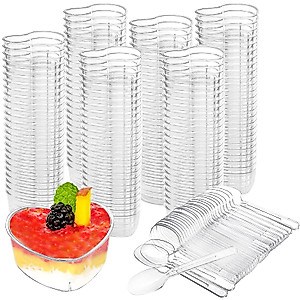 Foraineam 100 Pack 3.5 oz Clear Plastic Dessert Cups with Spoons, Valentine's Day Mini Appetizer Serving Plates Disposable Bowls for Desserts, Appetizers, Puddings, Mousse, Fruit Parfait and More