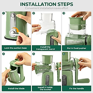 SUSTEAS Rotary Cheese Grater with Handle - Vegetable Shredder with 5 Well-designed Blades & Strong Suction Base,Round Mandoline Slicer & Food Chopper for Kitchen,with Blade Storage Box(Retro Green)