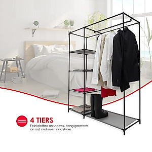 Home Basics Freestanding Storage Closet with Shelves, Grey | Open Design | 4 Tiers | Easy to Assemble | Steel Frame | Woven Fabric Shelves | Fold, Hang and Store All Essentials