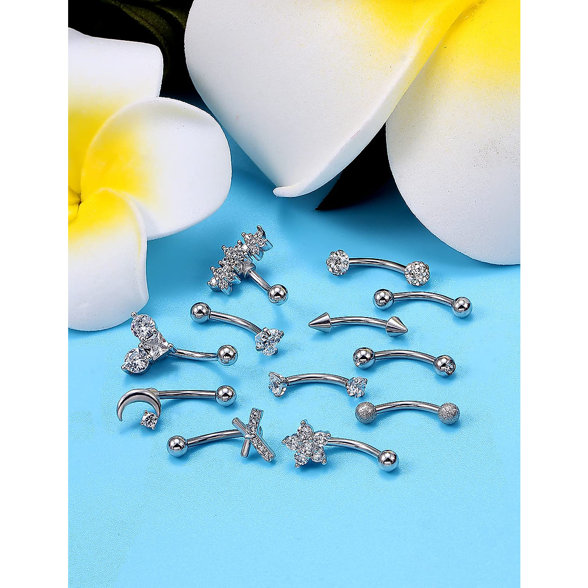 Vsnnsns 16G Rook Daith Piercing Jewelry Stainless Steel 8mm Curved Barbell Eyebrow Rings Cartilage Helix Tragus Belly Lip Rings CZ Piercing Jewelry Daith Rook Earrings for Women Men 12pcs Silve