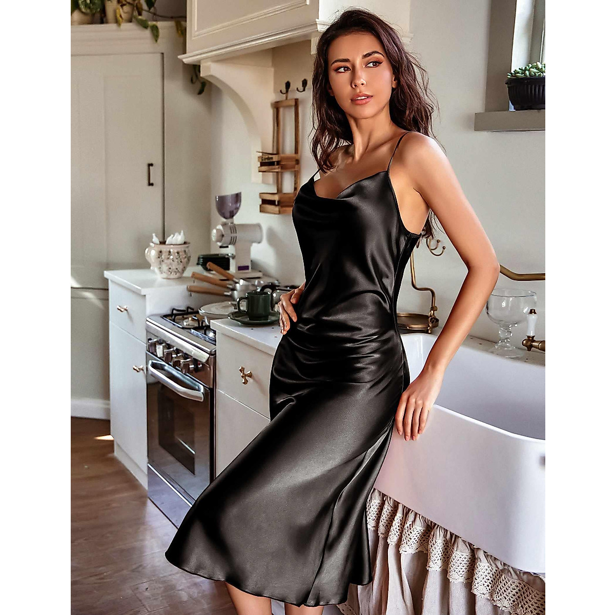 Ekouaer Silk Nightgowns for Women Nighties Silk Long Nighty Sexy Chemise Ladies Lingerie Black