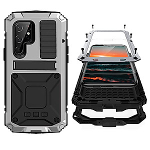 Simicoo Samsung S23 Ultra Metal Case with Screen Protector Camera Cover Military Rugged Heavy Duty S23 Ultra Case Metal Kickstand Full Body Tough Dustproof Shockproof for Samsung S23 Ultra (Sliver)