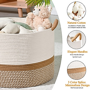 KAKAMAY Large Blanket Basket (20"x13"),Woven Baskets for storage Baby Laundry Hamper, Cotton Rope Blanket Basket for Living Room, Laundry, Nursery, Pillows, Baby Toy chest (White/Brown)