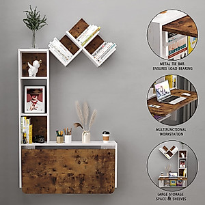 Bixiaomei 33'' Folding Wall Mounted Drop Leaf Table, Foldable Desk with Moveable Cabinets, Floating Laptop with Convertible Storage Shelves, Multifunctional Computer Workstation