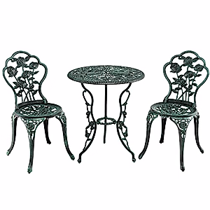 Giantex 3 Piece Bistro Set Cast Aluminum Rose Design Antique Outdoor Patio Furniture Weather Resistant Garden Round Table and Chairs w/Umbrella Hole (Rose Design)