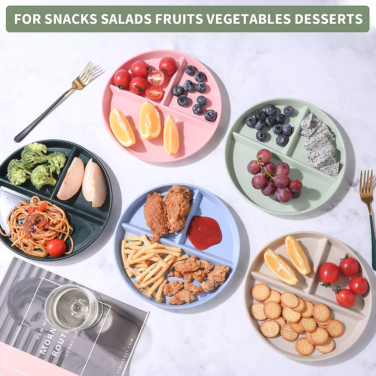 9" Unbreakable Divided Dinner Plate / 5 Wheat Straw Plastic Round Dinner Plates / Colorful Reusable 3 Compartment Dinner Plate / Microwave & Dishwasher Safe, Bpa Free, Child/Adult Separate Plates