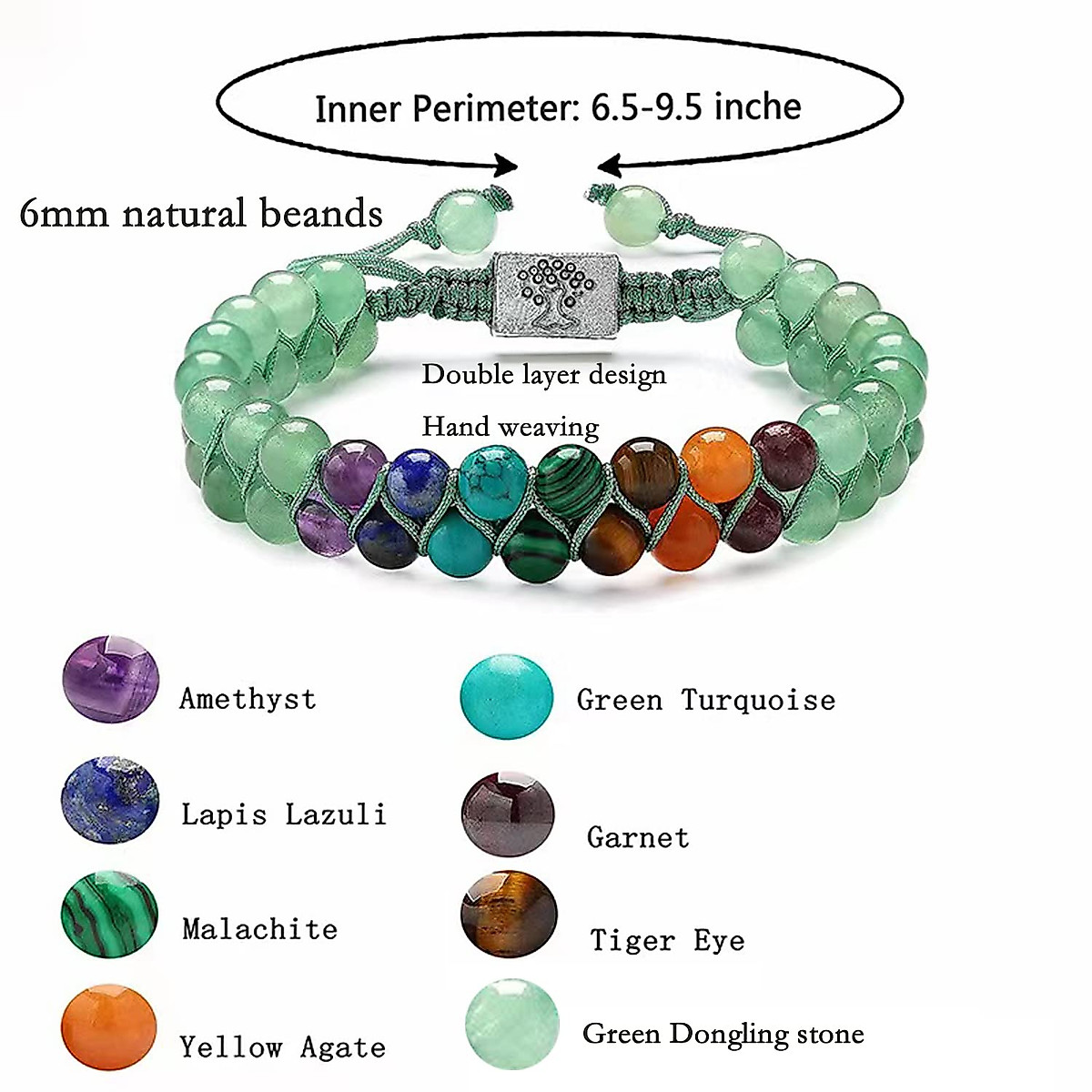 7 Chakra Yoga Meditation Bracelet Protection Bracelet , Double Layer Natural Gemstone Beads Bracelets，Tigers Eye Black Obsidian Hematite Black Agate Healing Crystal Bracelet,Feng Shui Handmade