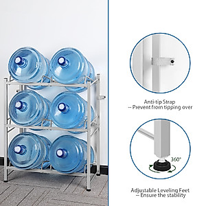 smusei 5 Gallon Water Bottle Holder 3 Tier Water Jug Holder Heavy Duty Double-Row Water Jug Stand for 6 Bottles Water Bottle Storage Rack for Small Space, Room Corner (Silver)