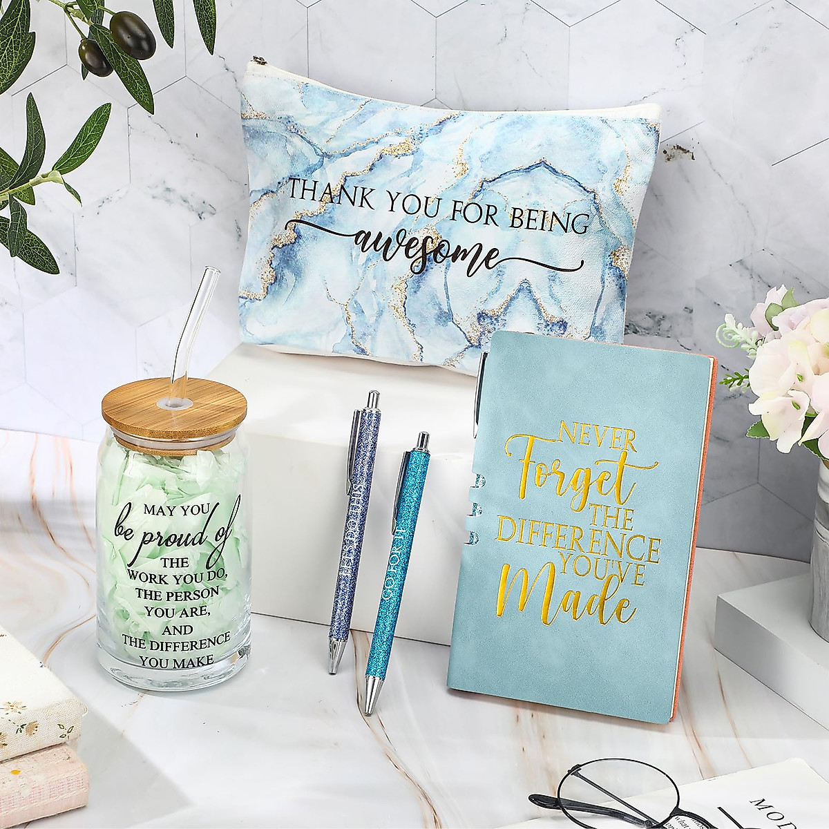 Funnymoom 6 Pcs Employee Appreciation Gift Set for Women Thank You Gifts May you Be Proud 17 oz Glass Cup Inspirational Gift Makeup Bag A6 Journal Ballpoint for Staff Coworkers Teachers Team(Blue)