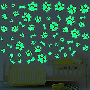 127 Pcs Dog Paw Print Stickers Glow in The Dark Wall Decals Dog Paw Print Wall Decor Dog Wall Stickers Decals Luminous Removable Vinyl Dog Paw Bone Wall Decals for Kids Nursery Bedroom (Green Light)