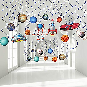 Outer Space Party Decoration Hanging Swirls, Blue Solar System Planet Party UFO Rocket Astronaut Sign Foil Swirls Ceiling Decoration for Kids Boys Space Birthday Party Decorations Supplies, 30 Pieces