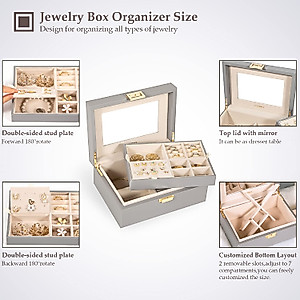 LANDICI Jewelry Organizer Box for Women Teen Girls,Large Jewelry Storage Case with Mirror,2 Layer Removable Stackable Tray,Leather Jewellery Display Holder for Ring Necklace Earring Bracelets,Grey