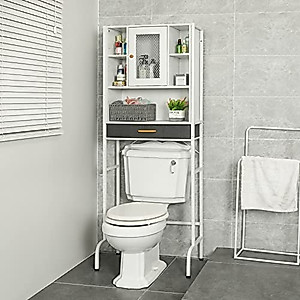 Hongtamoya Over The Toilet Storage Cabinet with Drawer, Bathroom Shelves Over Toilet with Large Storage Space, Over Toilet Bathroom Organizer with Adjustable Shelves and Door, White
