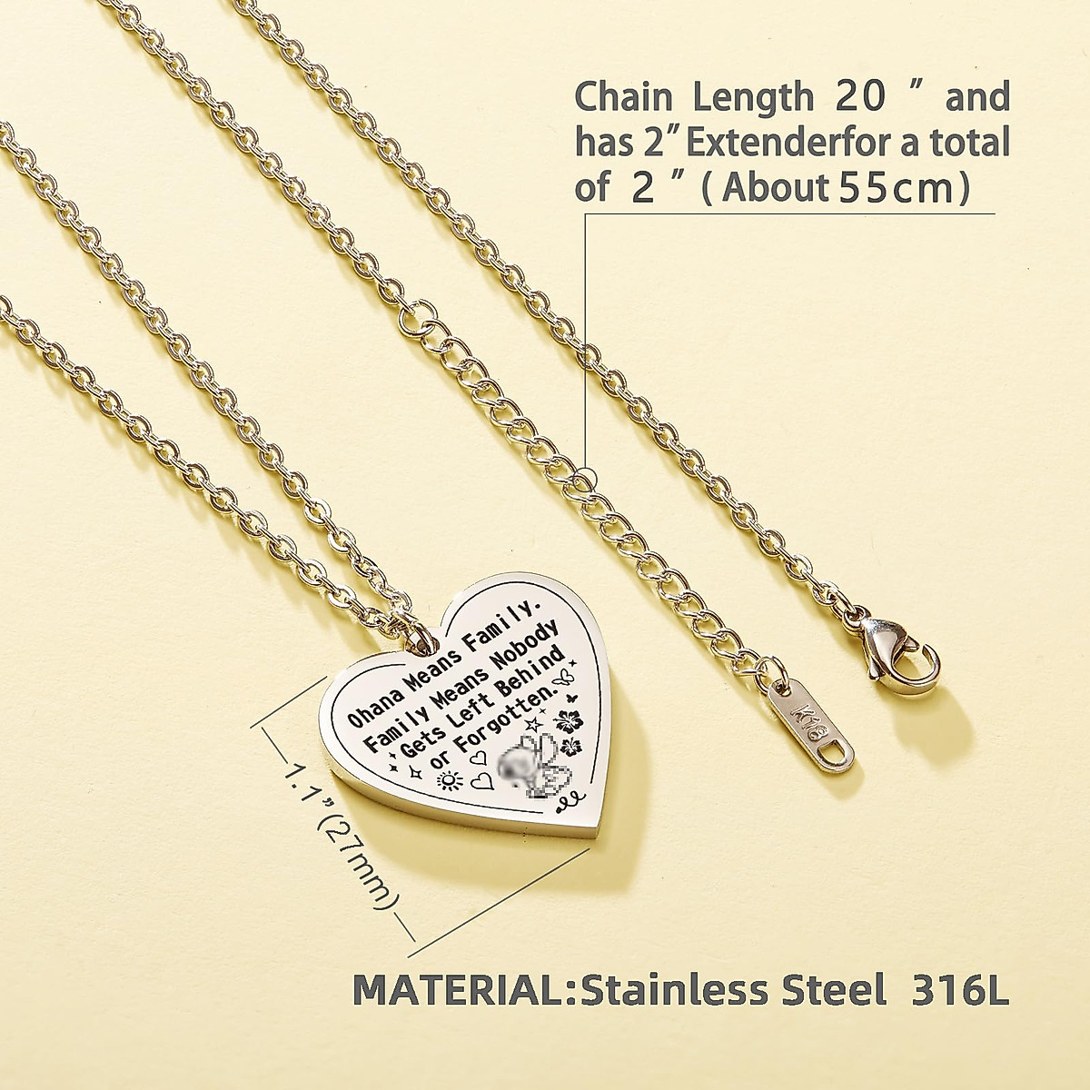 HOFOYA Ohana Means Family Heart-Shape Stitch Pendant Necklace Hawaiian Blessing Jewelry Gifts for Women Teen Girls,Christmas Birthday Gifts for Daughter Sister Best friends.