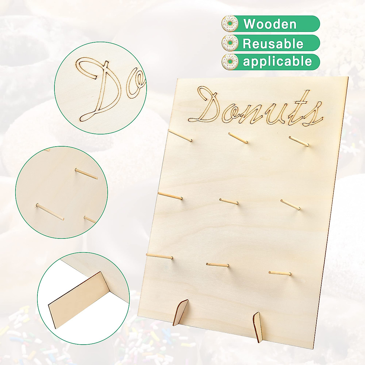 Akamino 2 Pieces Donut Display Wall Stand Wood Doughnut Holder Reusable Donut Wall with Feet for 9 Donuts Dessert Table Decoration Supplies for Weddings,Birthday Parties,Baby Showers