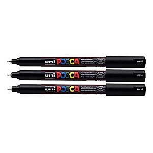 Uni Posca PC-1MR Black Colour Paint Marker Pens Ultra Fine 0.7mm Calibre Tip Nib Writes On Any Surface Glass Metal Wood Plastic Fabric (Pack of 3)