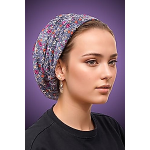 Ermandina Floral Head Covering for Women Tichel Slouchy Beanie Beret Snood Headcovering (Blue)