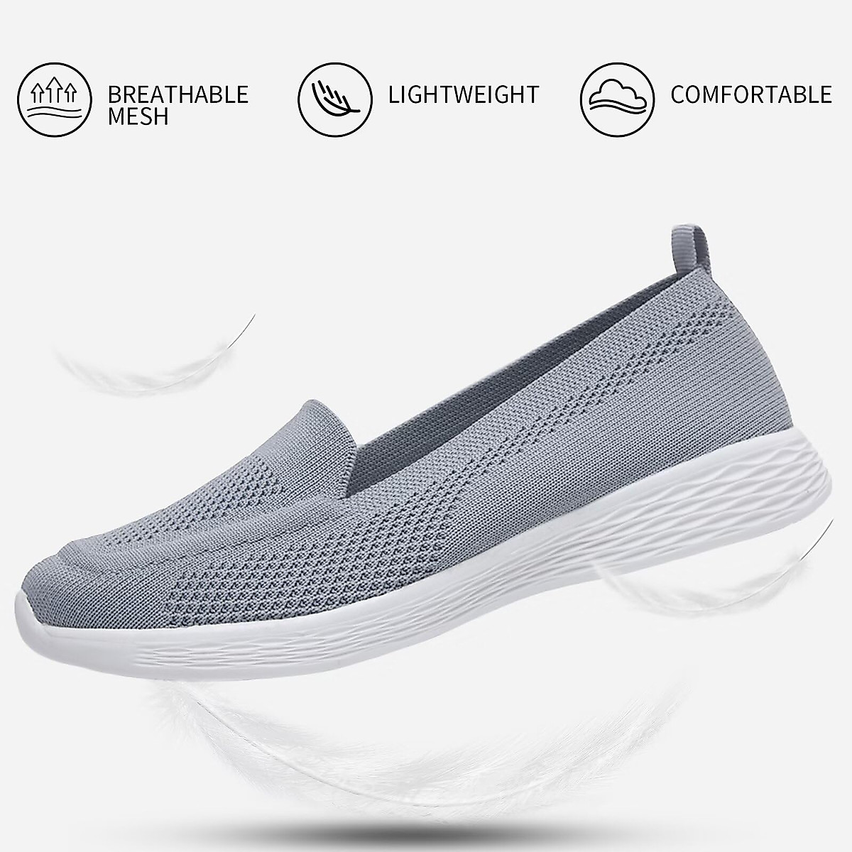 ZZS Womens Slip On Walking Shoes Lightweight Breathable Casual Low-Top Flats Memory Foam Mesh Loafers Soft Mesh Knit Comfortable Shoes,Light Grey 8