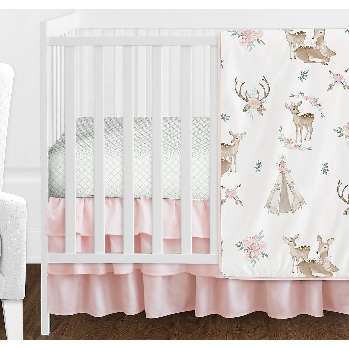 Sweet Jojo Designs Blush Pink, Mint Green and White Boho Watercolor Woodland Deer Floral Baby Girl Crib Bedding Set - 11 Pieces