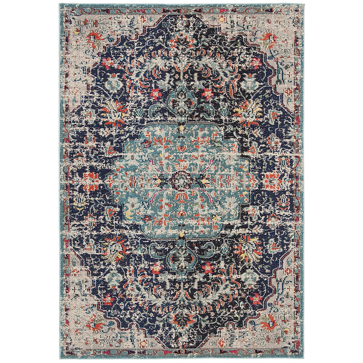 SAFAVIEH Madison Collection Area Rug - 5'3" x 7'6", Black & Teal, Boho Chic Medallion Distressed Design, Non-Shedding & Easy Care, Ideal for High Traffic Areas in Living Room, Bedroom (MAD447Z)
