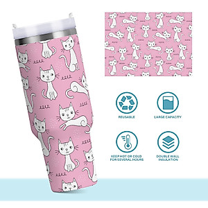 Cute Cat Cartoon Pink Tumbler with Handle and Straw Lid, Animal 40 oz Insulated Coffee Cup Stainless Steel Water Bottle Travel Mug Cupholder Friendly,Gifts for Women Men