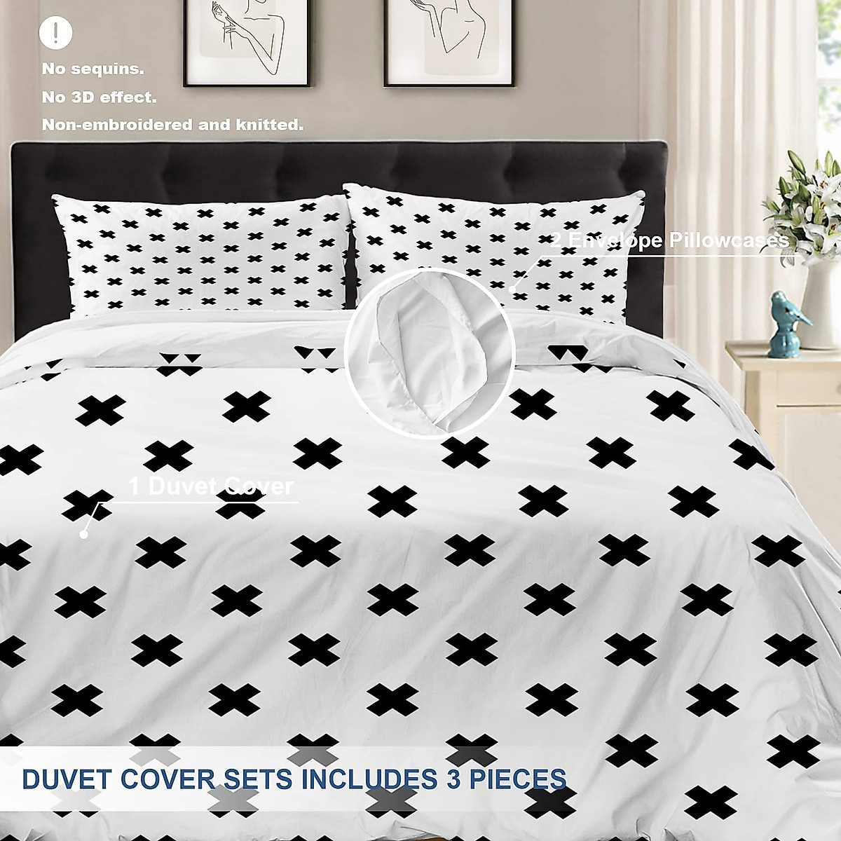 Batmerry Black White Geometric King Size 3 Pieces Bedding Comforter Cover Sets,Soft Fluffy Fashion Prints Monochrome Cross Pattern Printed Duvet Cover for All Season
