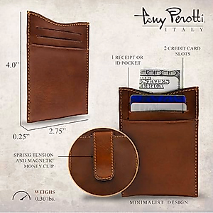 Tony Perotti Italian Leather Men's Money Clip Wallet With Pocket - Magnetic Money Clip Outside and Credit Card Slots - Eco-Friendly Tanned Full Grain Leather Wallet Made in Italy