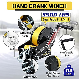 BeckTour Boat Trailer Winch, 3500Lbs Hand Winch with 33 FT Strap with Hook, 2 Way Ratchet, 4:1/8:1 Gear Ratio, Boat Winch for Trailers, Truck ATV