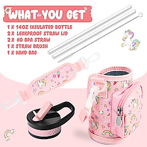 AEXPF Insulated Kids Water Bottle with Sleeve, 14 oz Double Wall Vacuum Stainless Steel Leakproof Thermos Water Bottle with 2 Straw Lids, Portable Unicorn Pattern Kids Cup for School Travel Camping