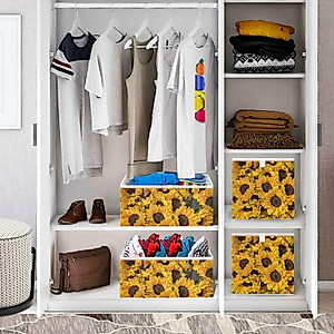 DOMIKING Sunflowers Storage Bin for Closet Shelves Bedroom Foldable Fabric Storage Baskets with Sturdy Handle Large Baskets Organization Cubes 11 Inch