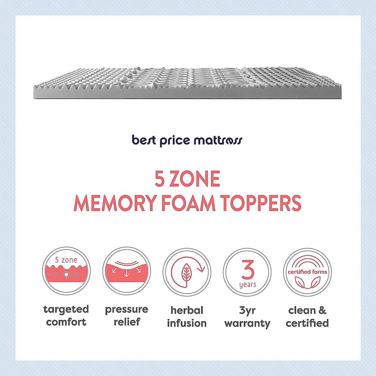 Mellow 3 Inch 5-Zone Memory Foam Mattress Topper with Plant-based Infusion and Moisture Control, CertiPUR-US Certified, Queen,Grey